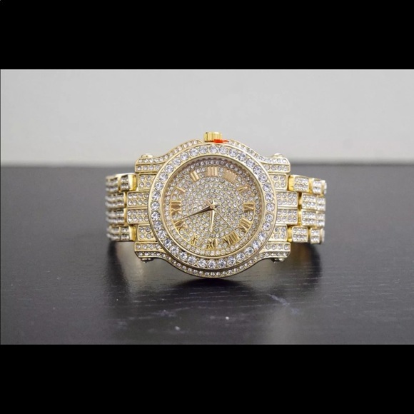 TECHNOPAVE | Accessories | Brand New Mens Gold Plated Lab Diamond Watch ...